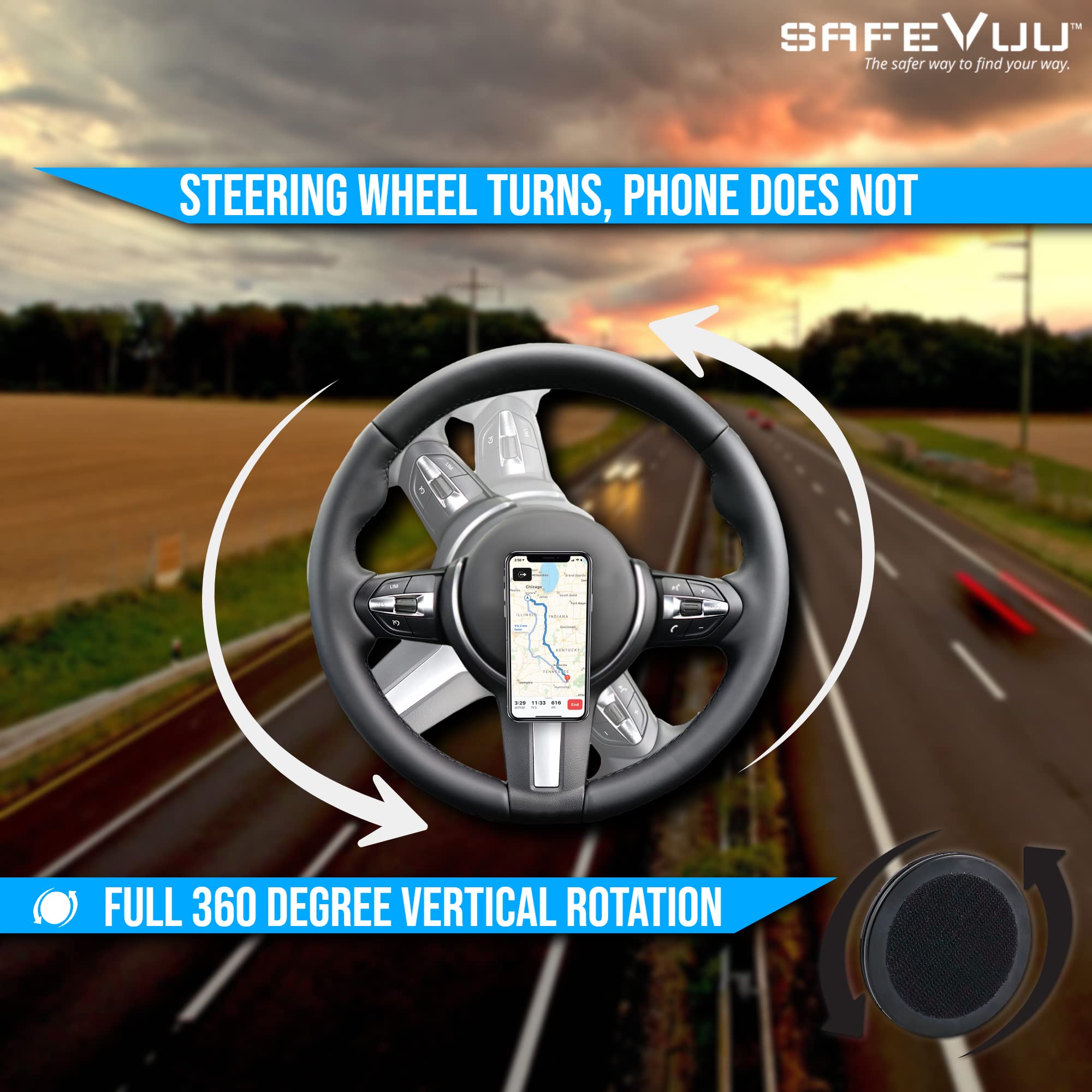 SafeVuu Magnetic Universal Steering Wheel Phone Holder - Perfect Rotating Magnet Mobile Mount for Golf Carts, Trucks, Utility Vehicles, Motor Coaches, GPS Hands - Free Driving