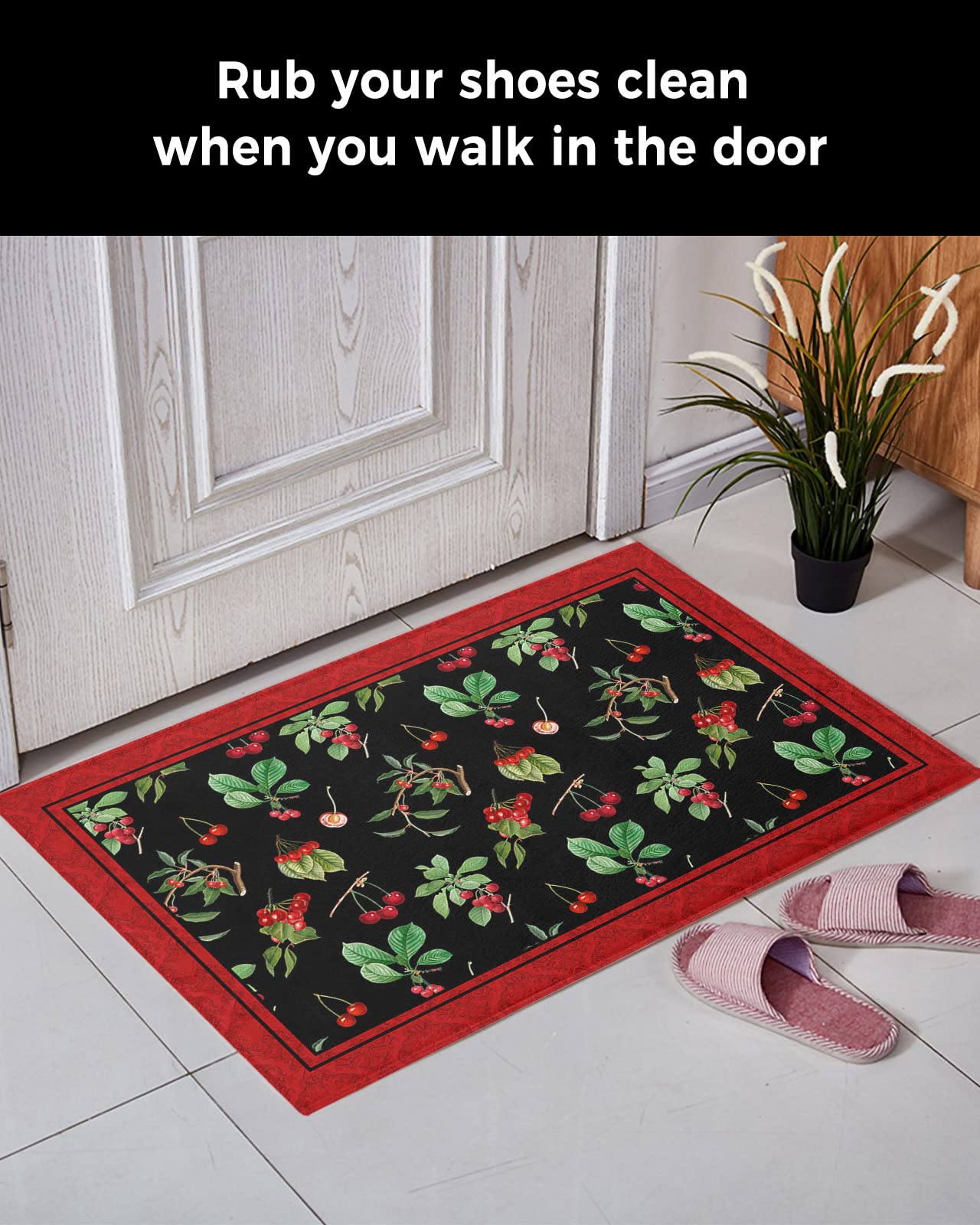 Red Cherry Farmhouse Fruit Luxurious European Flowers Bath Mats for Bathroom Non-Slip Absorbent Soft Plush Doormat Decor Rugs for Kitchen Bedroom Floor Mat 24" X 16"