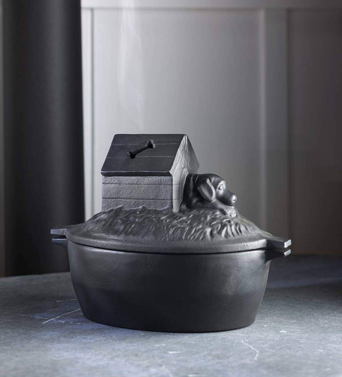 Plow & Hearth Dog in House with Bone Cast Iron Wood Stove Steamer Air Humidifier with Rust-Resistant Matte Black Finish, 2¾ Quart Capacity, 12" L x 7" W x 8" H