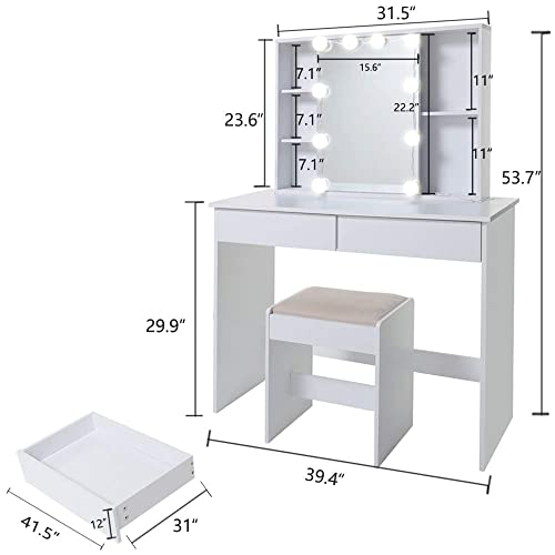 Makeup Vanity Desk with Sliding Lighted Mirror for Christmas Day, Makeup Table Vanity Desk with 2 Large Drawers, 3 Color Lighting Modes, Brightness Adjustable, Vanity Table for Women Girls, White