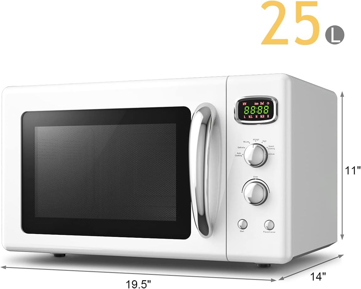 MAT EXPERT 0.9 Cu.ft Compact Microwave Oven, Digital Timing & 5 Micro Power, 25L Small Microwave w/Glass Turntable & 6 Preset Buttons, Delayed Start Function, 900W Mini Microwave w/Child Lock (White)