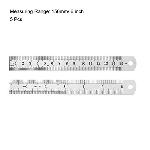 uxcell Straight Ruler 150mm 6 Inch Metric Stainless Steel Measuring Ruler Tool with Hanging Hole Inch & Centimeters Precision Drawing Ruler 5pcs