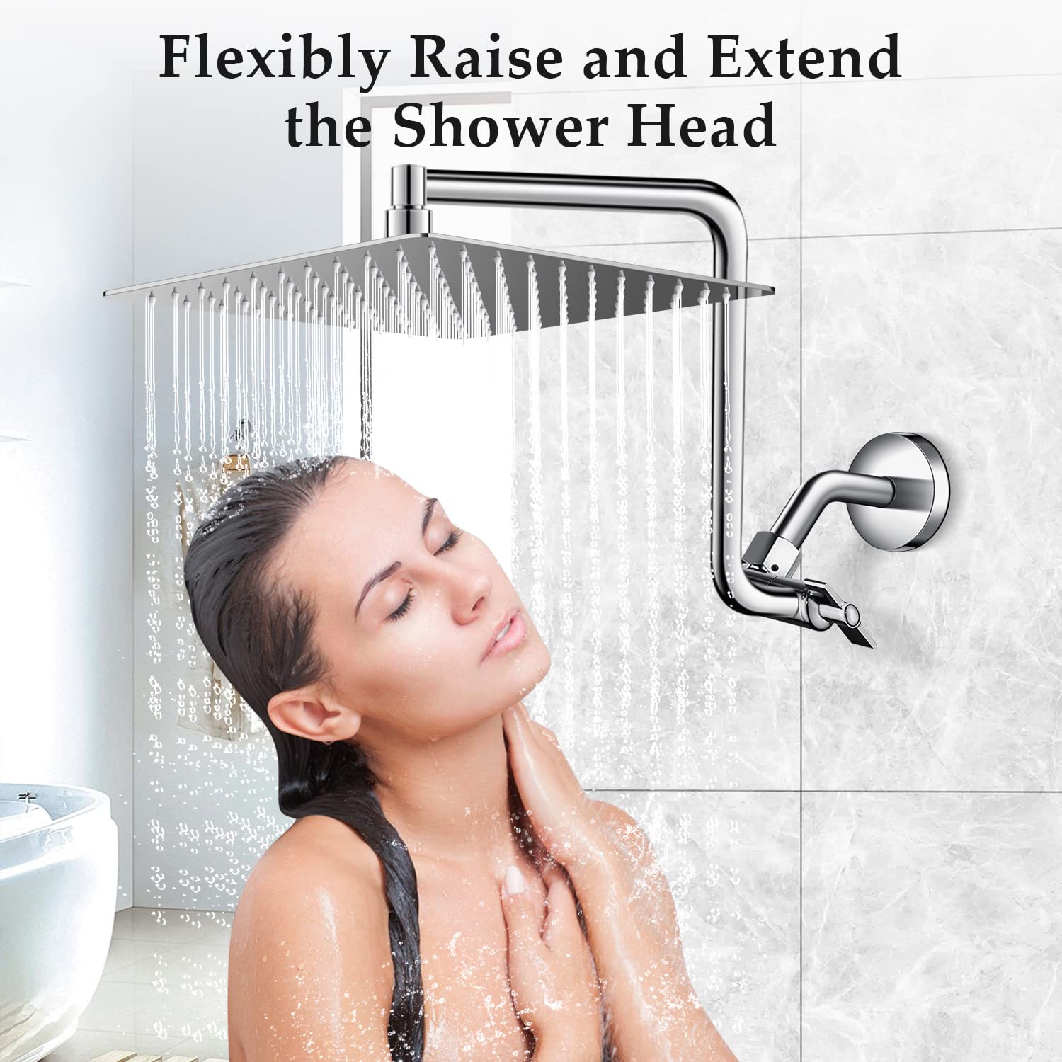 Rain Shower Head Extension Arm, Upgrade 12 Inch Metal Shower Extension Arm, Height/Angle Adjustable Curved Shower Head Extender with 1/2 Universal Connection, Flexible Rise or Lower Shower Head Chrome