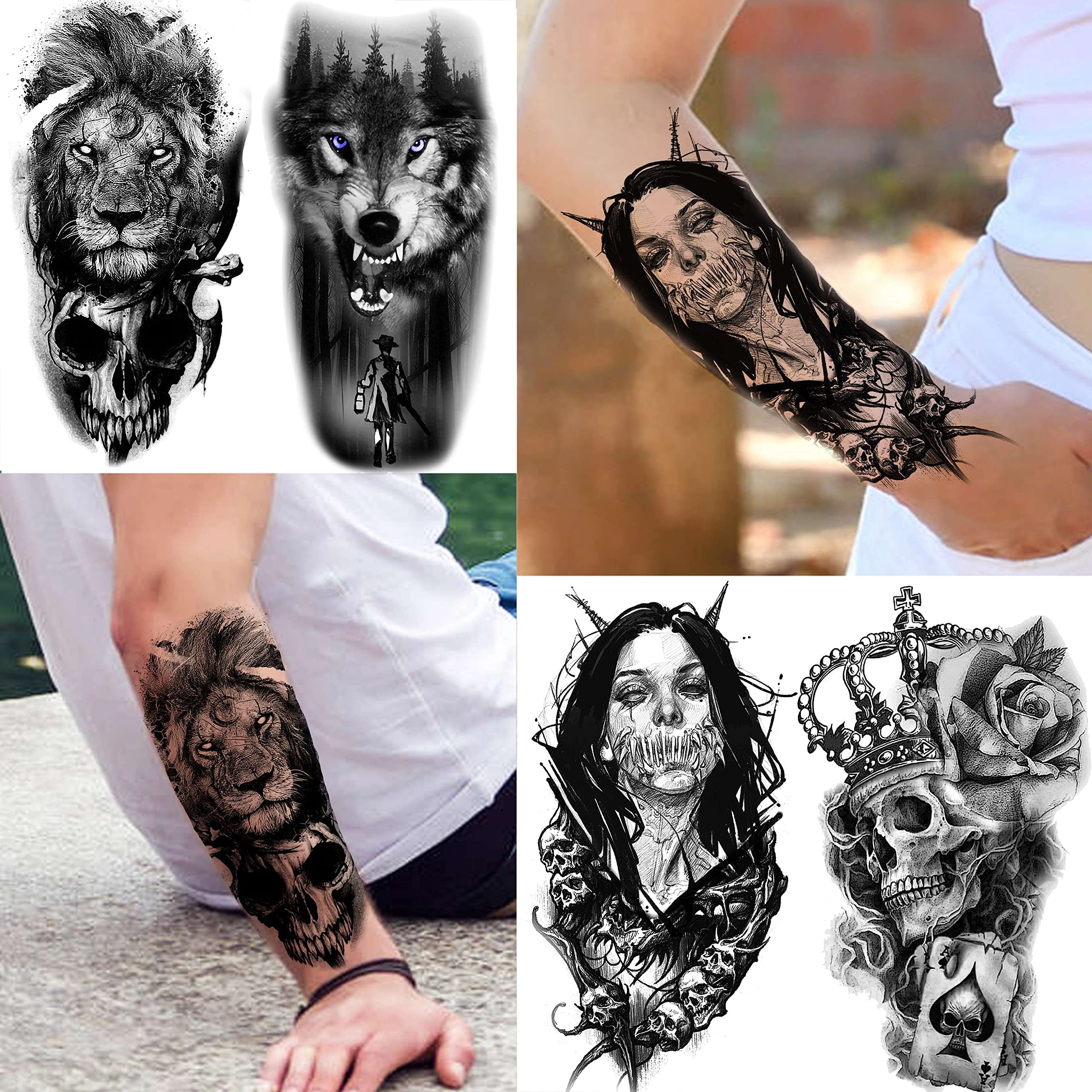 Rejaski 66 Sheets Black Eagle Dragon Temporary Tattoos For Men Women Thigh, Scary Halloween Tiger Lion Devil Skull Fake Tattoos For Adults, 3D Wolf Large Half Arm Sleeve Realistic Tatoo Forearm Teens
