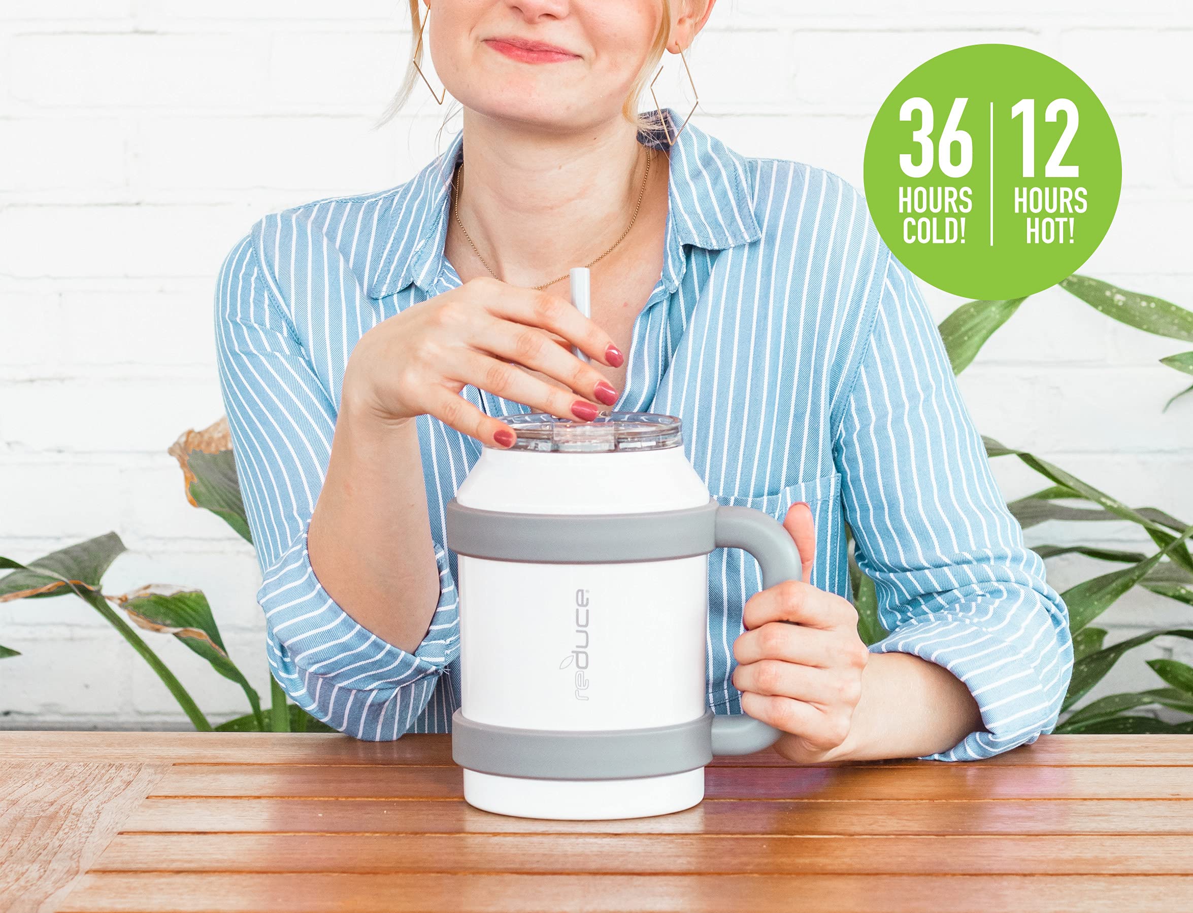 REDUCE Cold1 50 oz Reusable Mug Tumbler with Handle - Insulated Stainless Steel Water Bottle for Home, Office and Gym; Straw or Sip Leakproof Lid When Closed. Keeps Drinks Ice Cold All Day - Charcoal