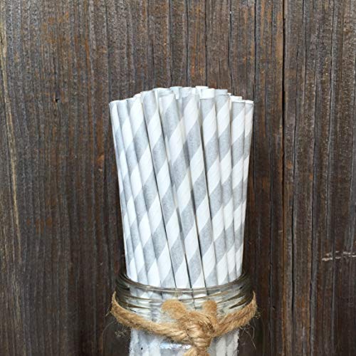 Striped Paper Straws - Silver White - Christmas Holiday Wedding Anniversary Party Supply - 7.75 Inches - 100 Pack - Outside the Box Papers Brand