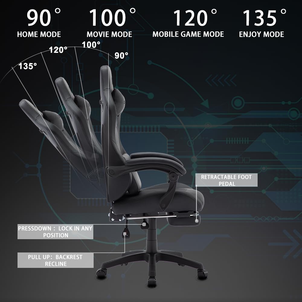 OHAHO Gaming Chair, Office Chair High Back Computer Chair Leather Desk Chair Racing Executive Ergonomic Adjustable Swivel Task Chair with Headrest and Lumbar Support (Dark Black)