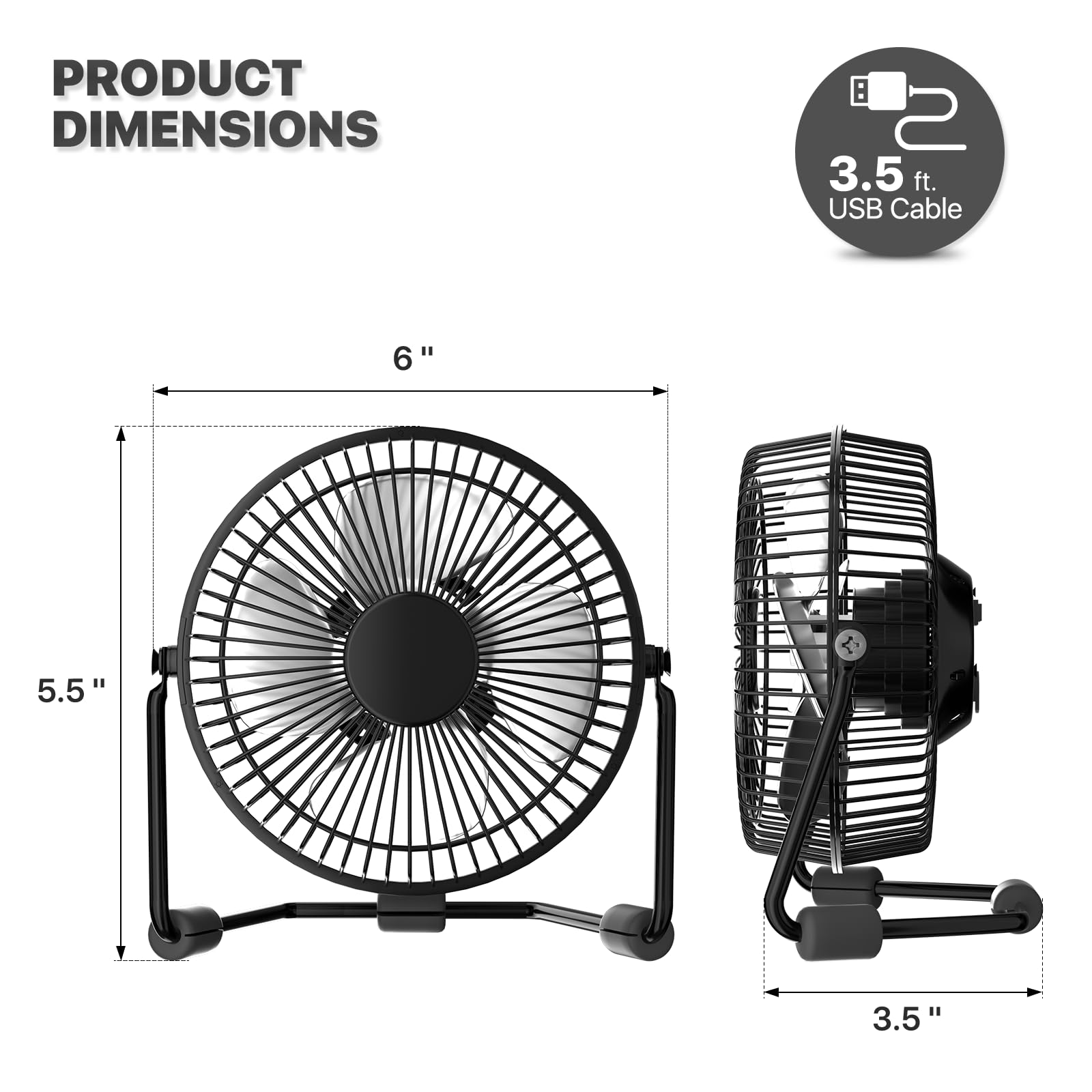 mollie 4-Inch Small USB Desk Fan for Home Office Bedroom Mini Personal Desktop Air Circulator Ultra Quiet Cooling Table Fan Adjustable Tilt Black