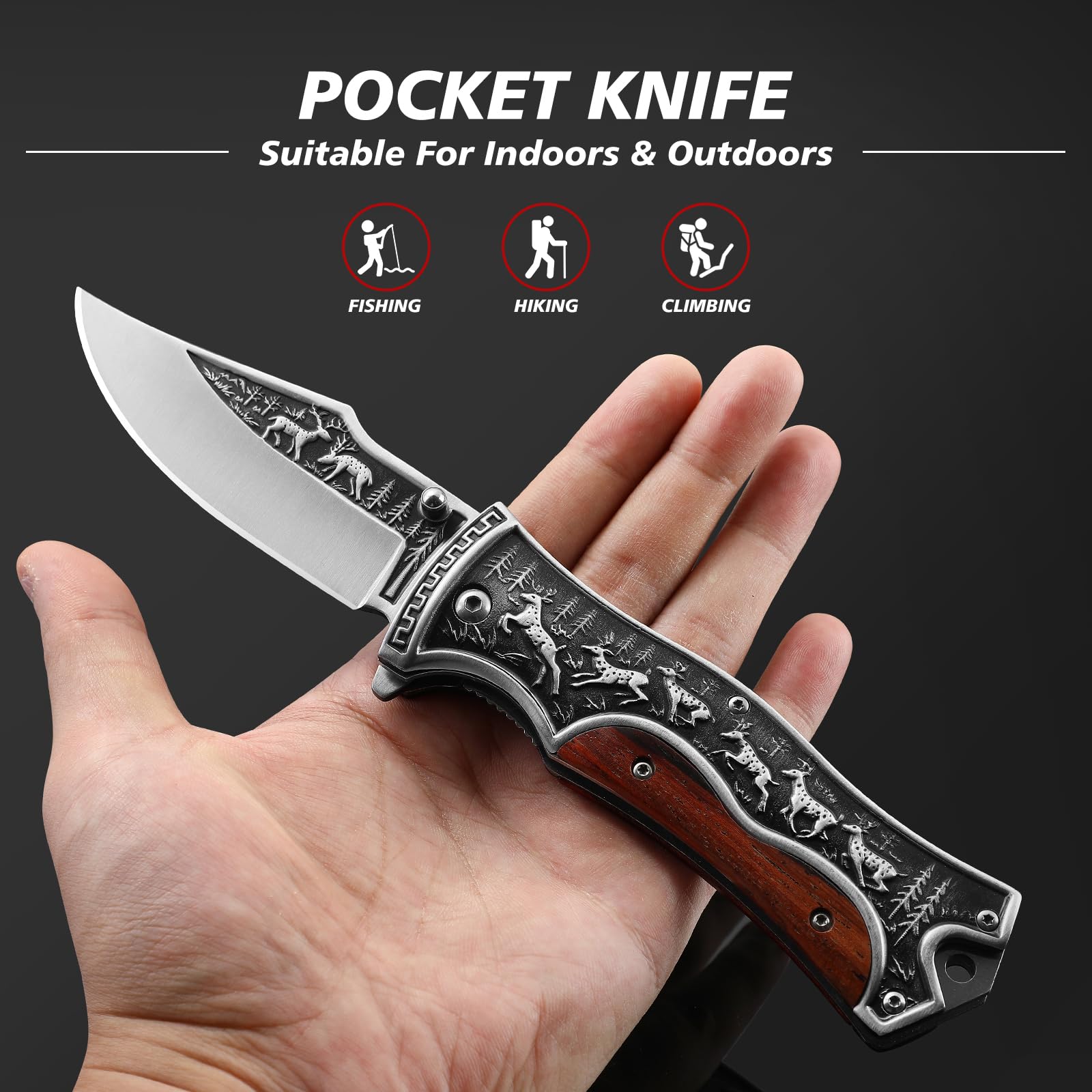 ohmonlyhoo Folding Knife,3.7 inch Pocket Knife with Deer Pattern Rosewood Handle,EDC Knife with Pocket Clip and 7Cr13Mov Blade, for Men and Women, for Outdoor