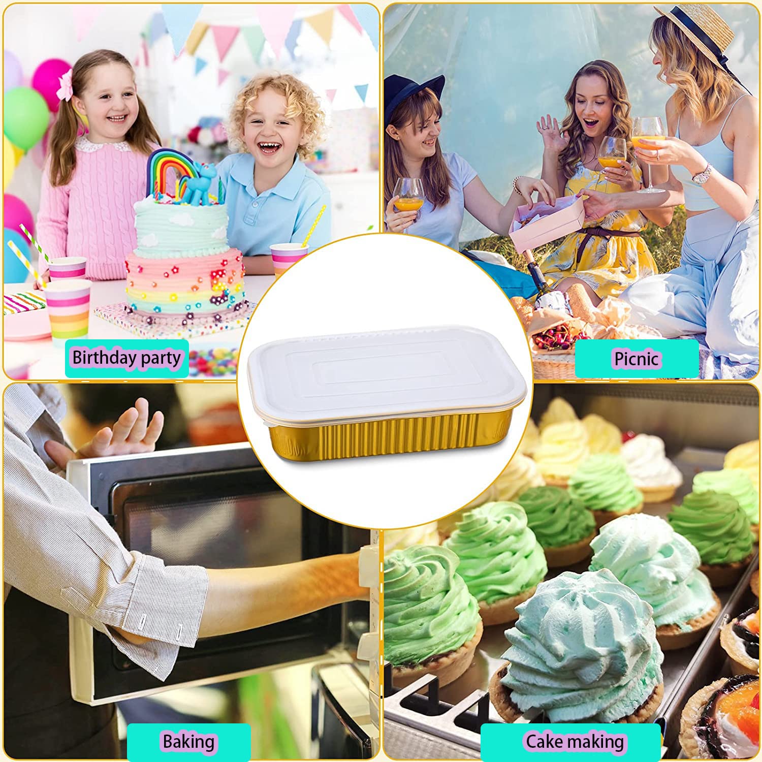SuiXinCook Gold Aluminum Foil Baking Pan with lids Heavy Duty 9"×13"(10pack+10Lids), Double thickening, Disposable cake pans,Microwave oven safetyle. for Cooking,,Heating,Storage, BBQ