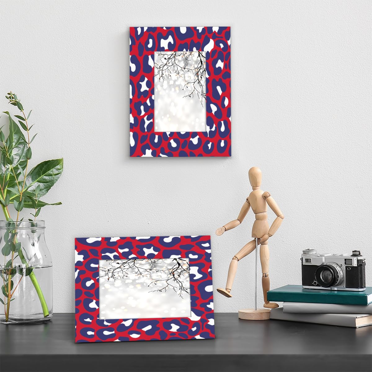POFATO Leopard Print Blue Red 4x6 Picture Frame Wood Photo Frame for Tabletop Display Wall Mount Picture Frame Display 4x 6 Inch Photo Wall Decor Home Gift Frames
