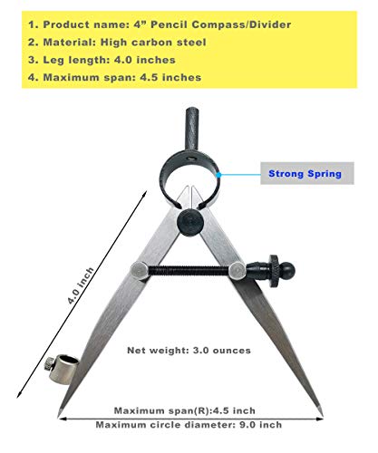 ZLKSKER 4/10 inch Woodworking Compass with Pencil Holder, Precision Spring Divider/Scriber, All Metal Compass for Leather Work Metalworking (4 inch)