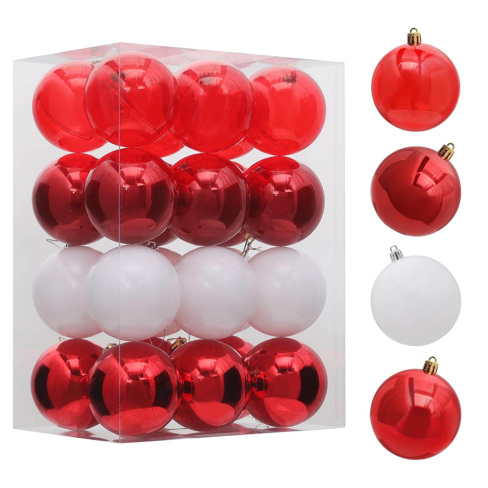 MoNiBloom Christmas Balls Ornaments with Component Strings for Xmas Tree, 24Pcs Plastic Shatterproof Baubles Colored and Glitter Christmas Party Decoration Set, Red(4 Style)