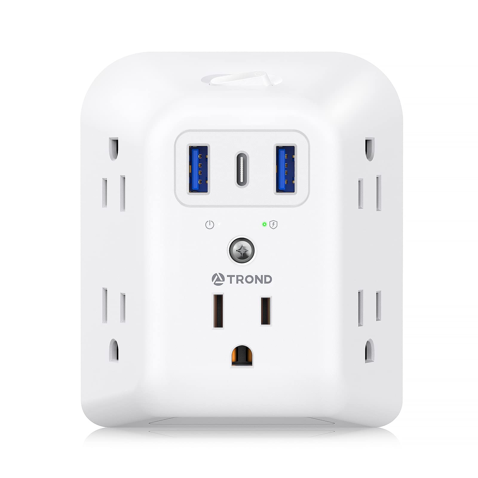 TROND Surge Protector Outlet Extender - 5 Outlet Splitter with 3 USB Ports (1 USB C), Multi Plug Outlet Expander with ON/Off Switch, 3 Sided Multiple Wall Plug Power Strip for Home Travel Office