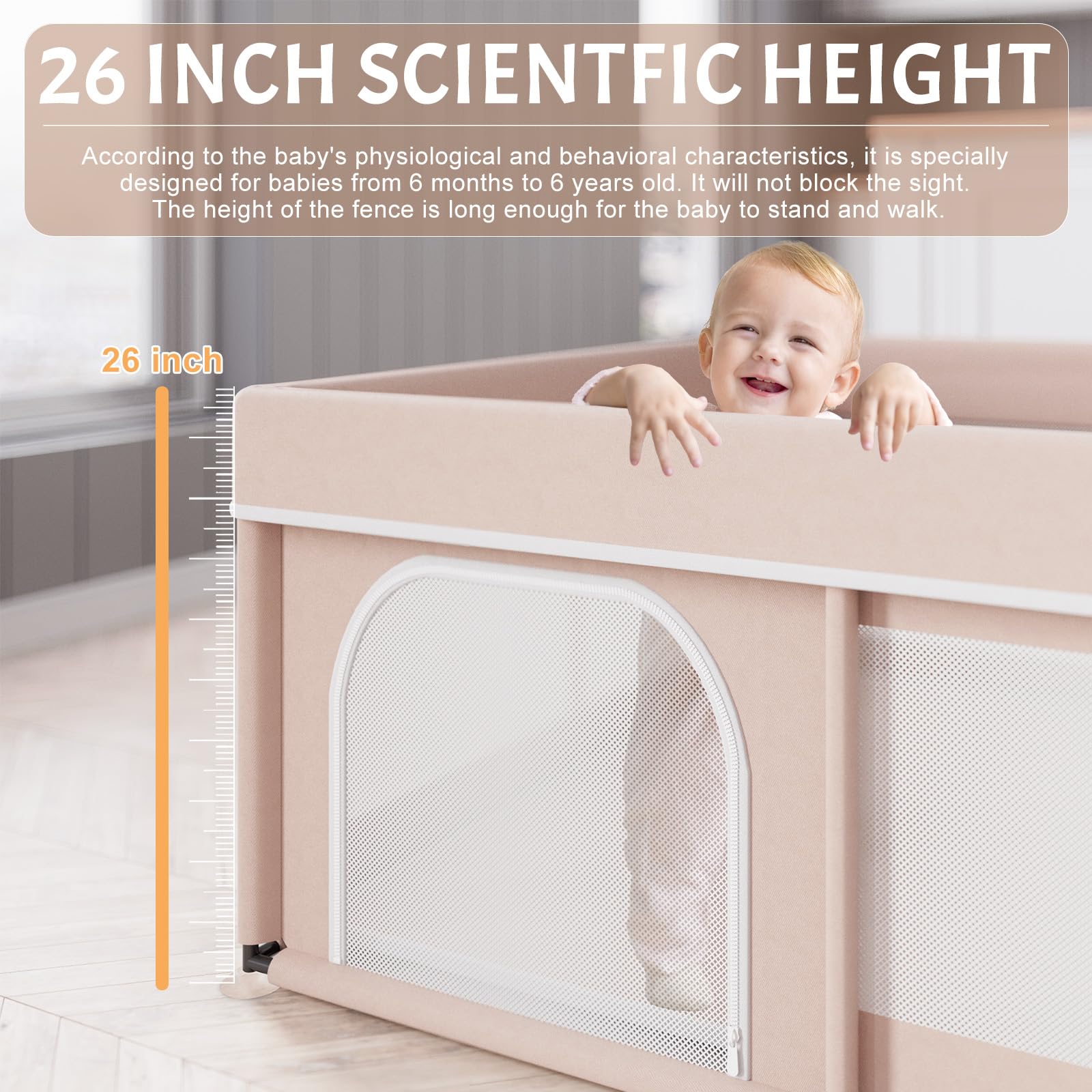 Omzer Baby Playpen with Mat 50x50inch: Large Playpen for Babies and Toddlers Indoor Safety Play Pen with Soft Breathable Mesh - All-Wrapped Sponge Sturdy Play Yard with Stable Mat Magic Sticker Beige