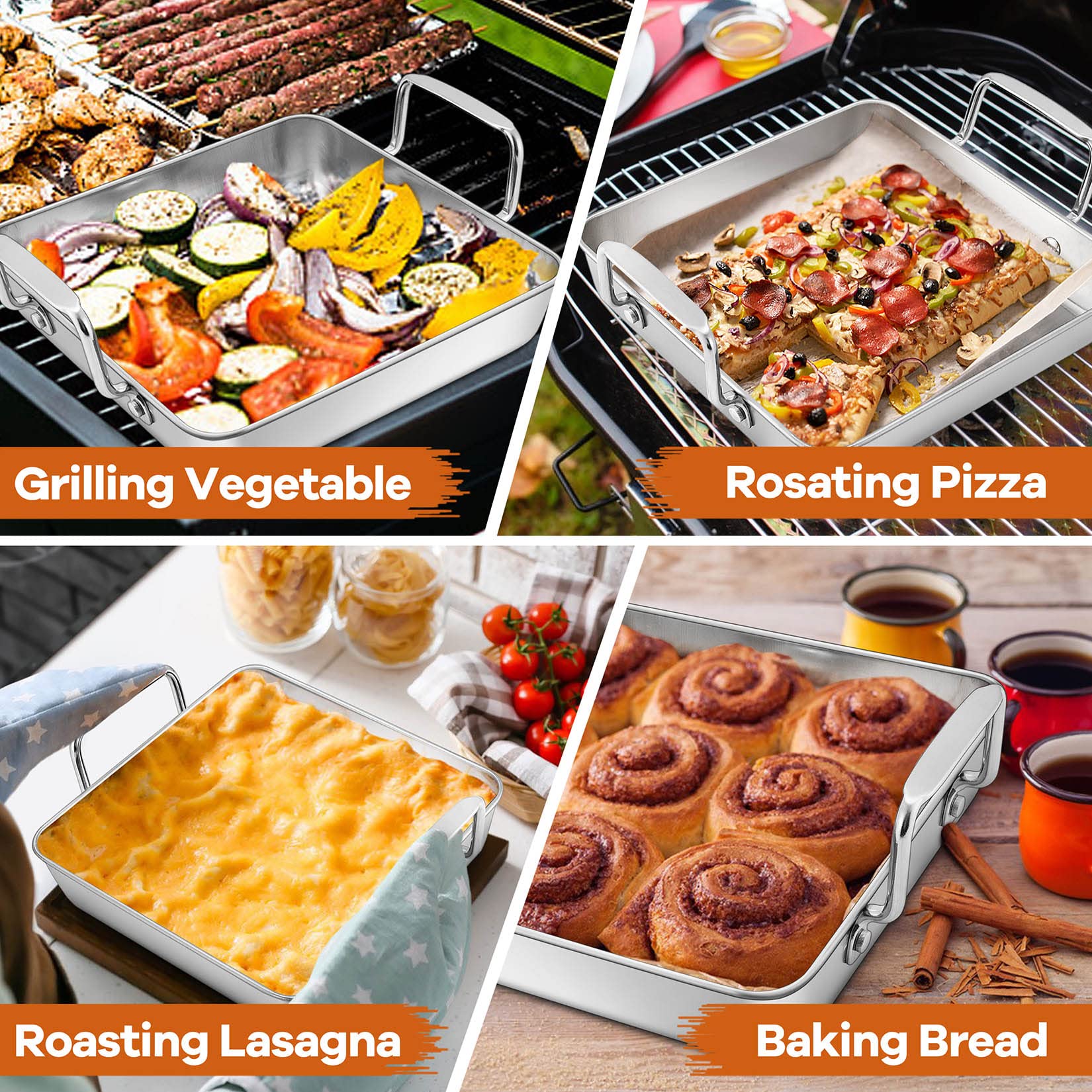 Square Roasting Pan with Beer Can Chicken Holder, Joyfair 9-in Stainless Steel Roaster Baking Pans & Racks for BBQ Grilling/Home Cooking, Heavy Duty & Dishwasher Safe - (2 Pans + 2 Racks, More Tools)