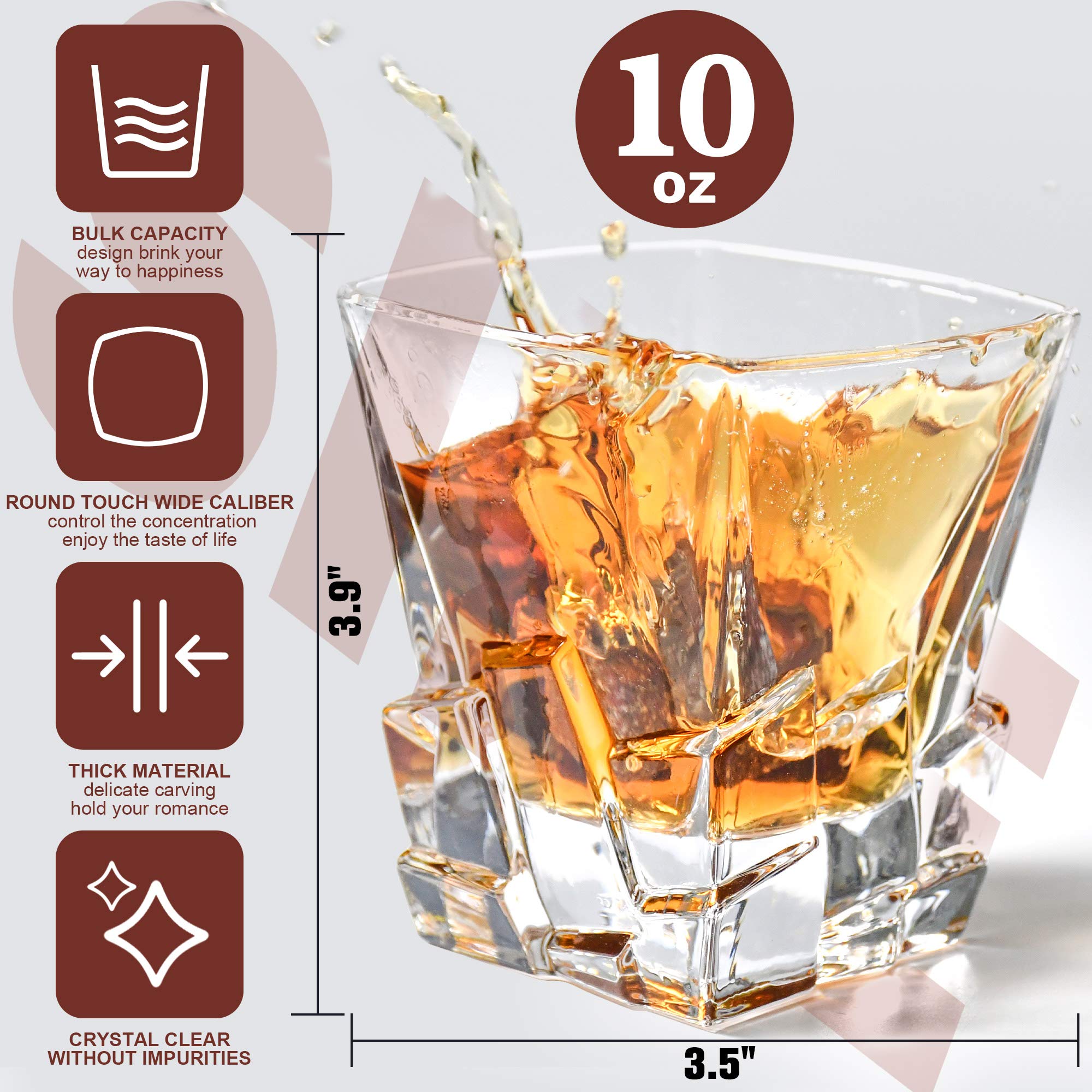 Sishynio Whiskey Glasses Set of 4 for Men, 10oz with 8 Cube Granite Chilling Stones, Whiskey Rocks Glasses Gift Set for Grandpa Father Husband