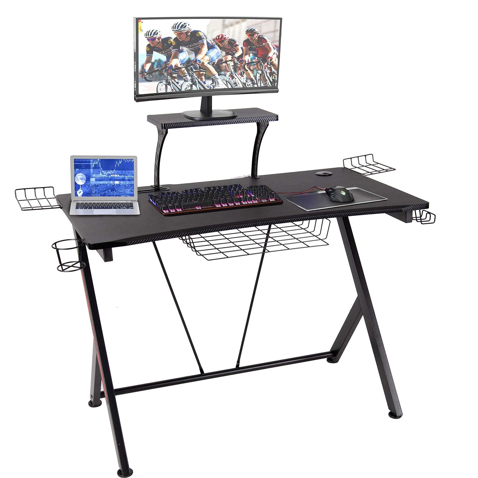 Polar Aurora Y-Shaped Gaming Desk 41.6" W x 24" D Home Office Computer Table, Black Gamer Workstation with Monitor Stand, a Cup and Headphone Hook, Cable Management Hole and a Under-Desk Basket(RED)