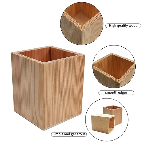 ZUFECY DIY Wooden Pen Holder Desk, Pencil Cup Makeup Brush Holder, Desktop Organizer Storage Case Stationery for School Home Office Supplies (Square)