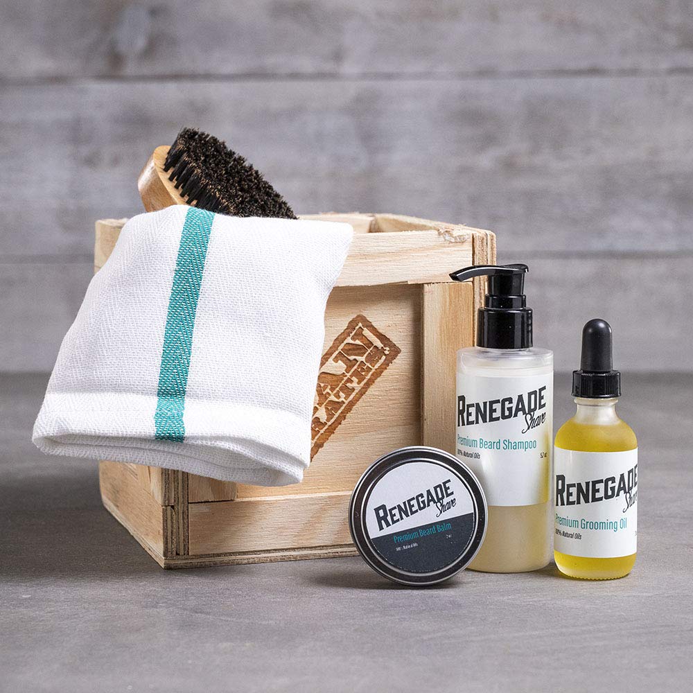 Man Crates, Beard Wrangler Mini Crate - Includes Beard Shampoo, Beard Balm, Grooming Oil, Beard Brush - 100% Natural Oils - Unique Gift for Men