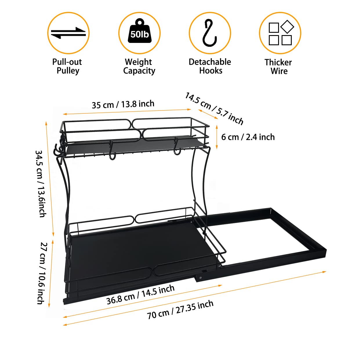 Pull Out Cabinet Organizer 2 Tier Under Sink Slide Out Kitchen Cabinet Storage Shelf Metal Sliding Storage Basket Drawer for Kitchen Bathroom Pantry Cabinet, Request at Least 11 inch Cabinet Opening