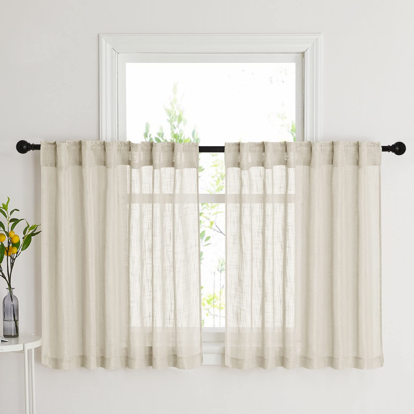 PONY DANCE Dark Grey Half Curtains for Windows - Faux Linen Look Curtains Back Tab Cafe Short Semi Sheer Beach Curtains for Bathroom Small Window Treatment Tier,Kitchen Curtains 36 inch Length,2 PCS