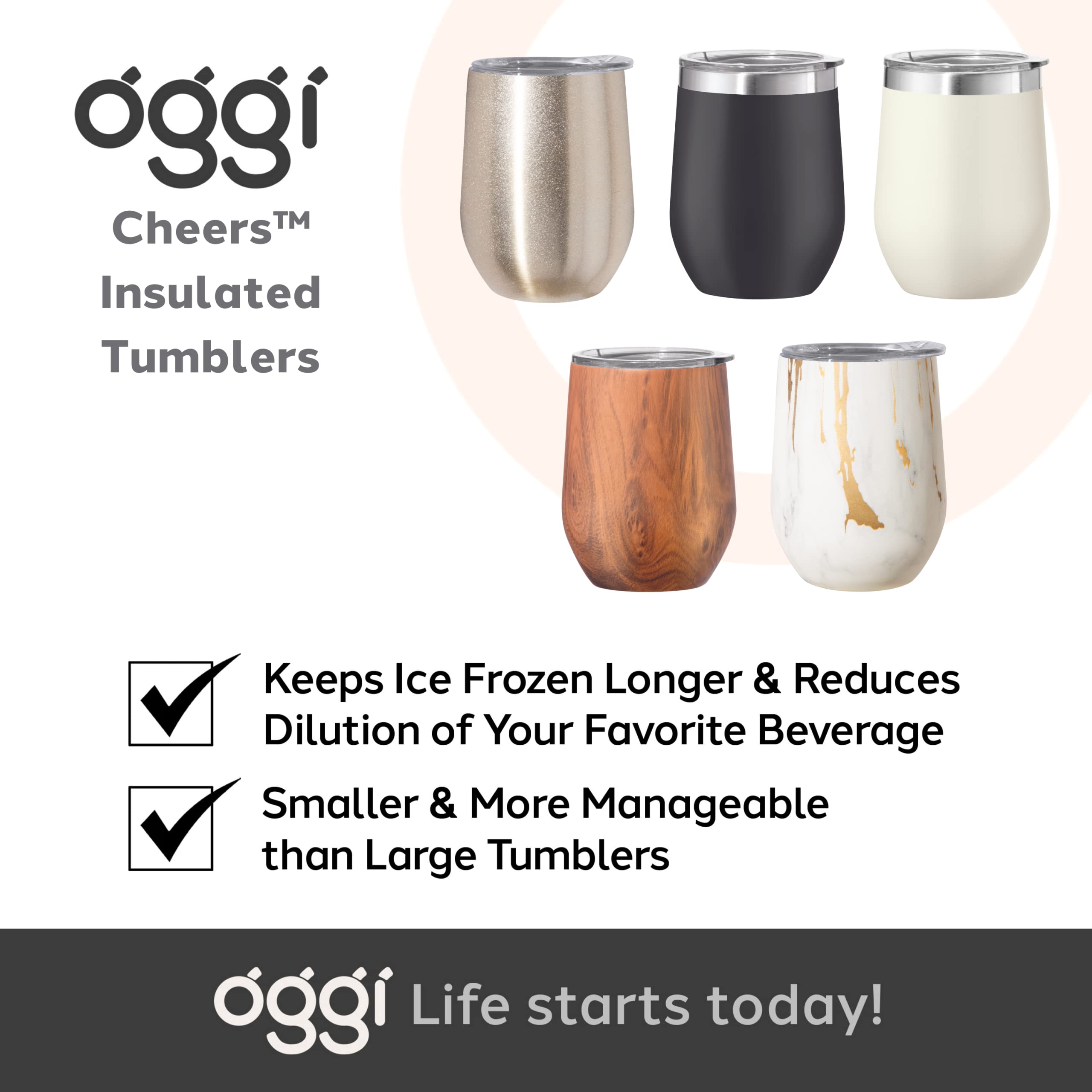 Oggi Cheers 'Celebrate Collection' Stainless Steel Insulated Wine Tumbler - Silver Sparkle, 12oz, with clear slider lid. (Pack of 2)