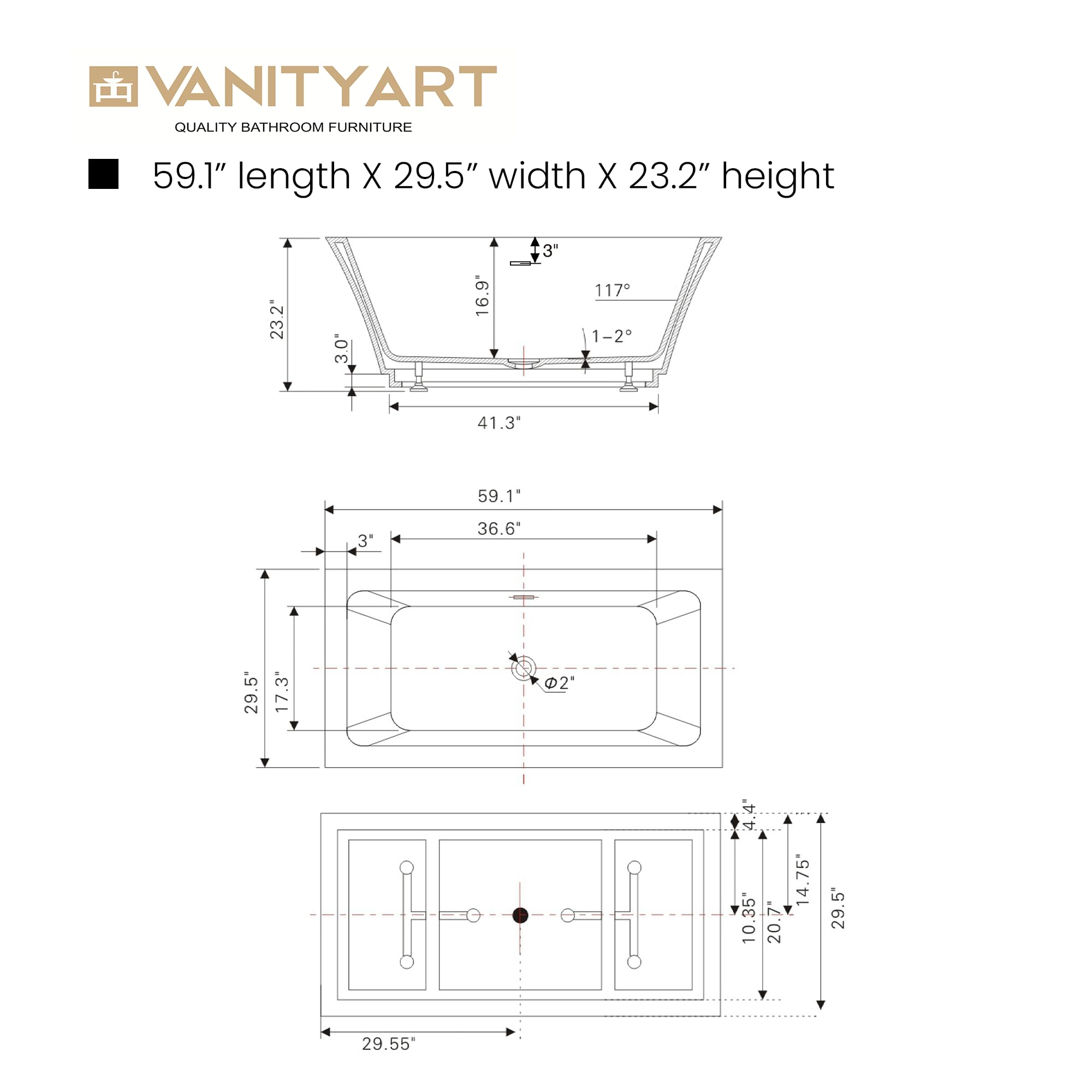 Vanity Art 59" X 30" Freestanding Bathtub | Home Improvement Bathtubs with Contemporary Design for Soaking and Bathing, Overflow and Pop-up Drain with UPC Certified, Acrylic, VA6817-S