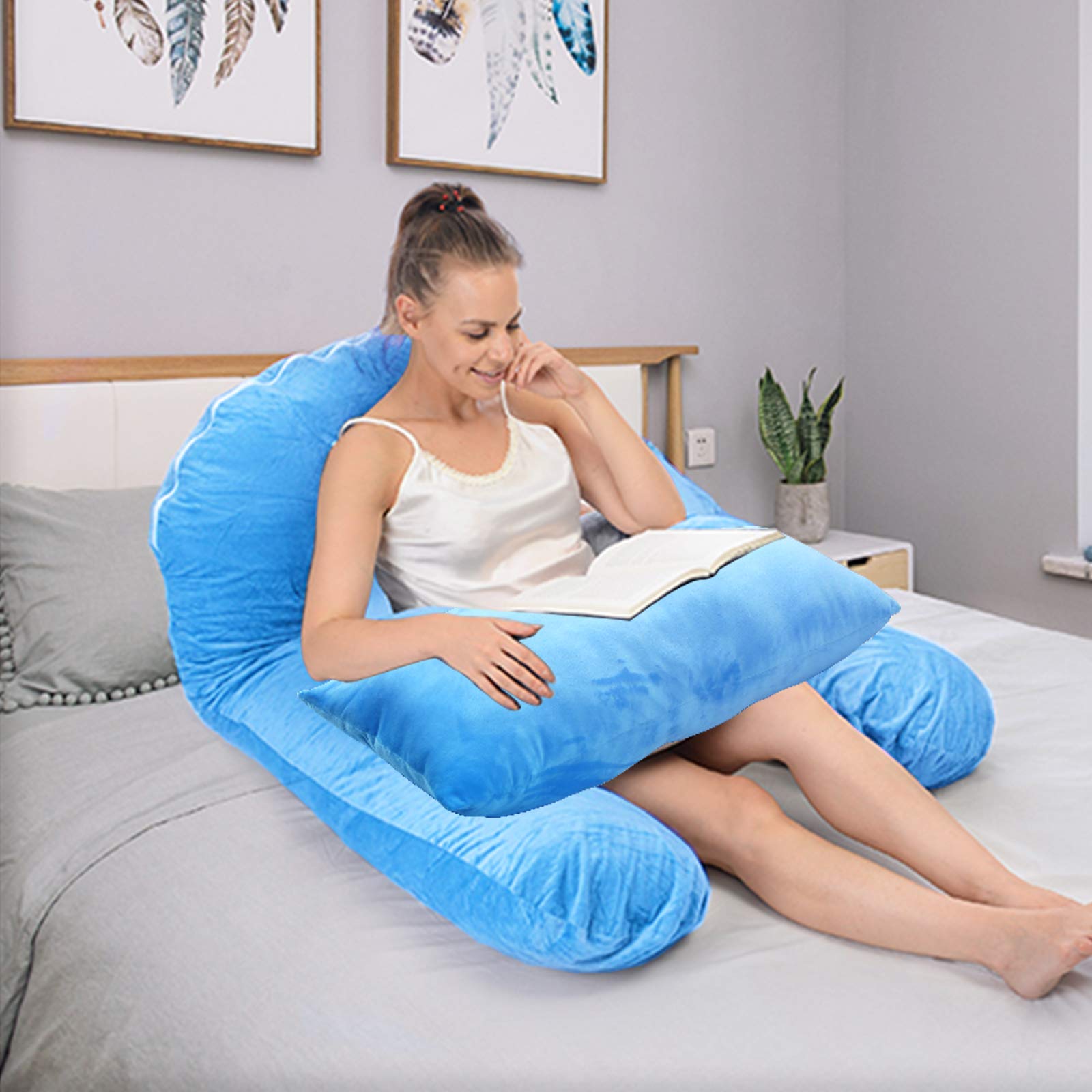 Mandzixin Pregnancy Pillow, Maternity Body Pillow with Velvet Separate Support Pillow Removable Cover,Side Sleeping and Back Hips, Legs Support for Pregnant Women (Light Blue, U Shaped+Body Pillow)