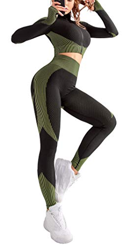 OLCHEE Women's 2 Piece Tracksuit Workout Set - Leggings and Crop Top Green XL