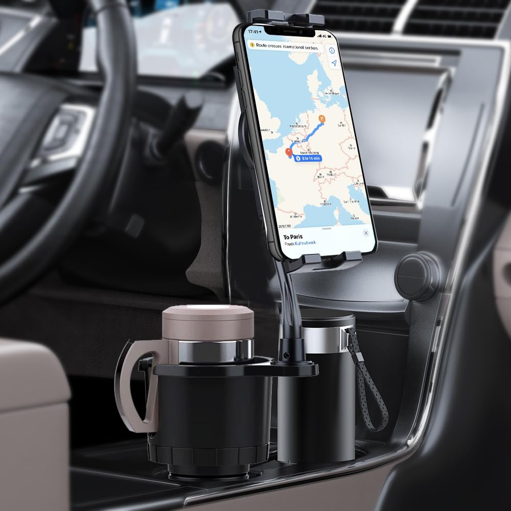 OOLYCIO 2 in 1 Cup Holder Expander Phone Mount for Car, Black, Compatible with iPhone, Samsung, iPad, Tablet, Smartphone