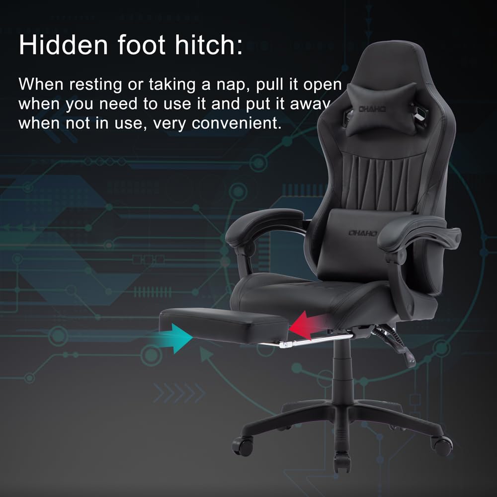 OHAHO Gaming Chair, Office Chair High Back Computer Chair Leather Desk Chair Racing Executive Ergonomic Adjustable Swivel Task Chair with Headrest and Lumbar Support (Dark Black)