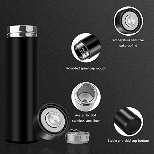 Smart Vacuum Insulated Water Bottle with Automatic LED Temperature Display, Large Flask 500 ML Stainless Steel Drinking Cup (Black)