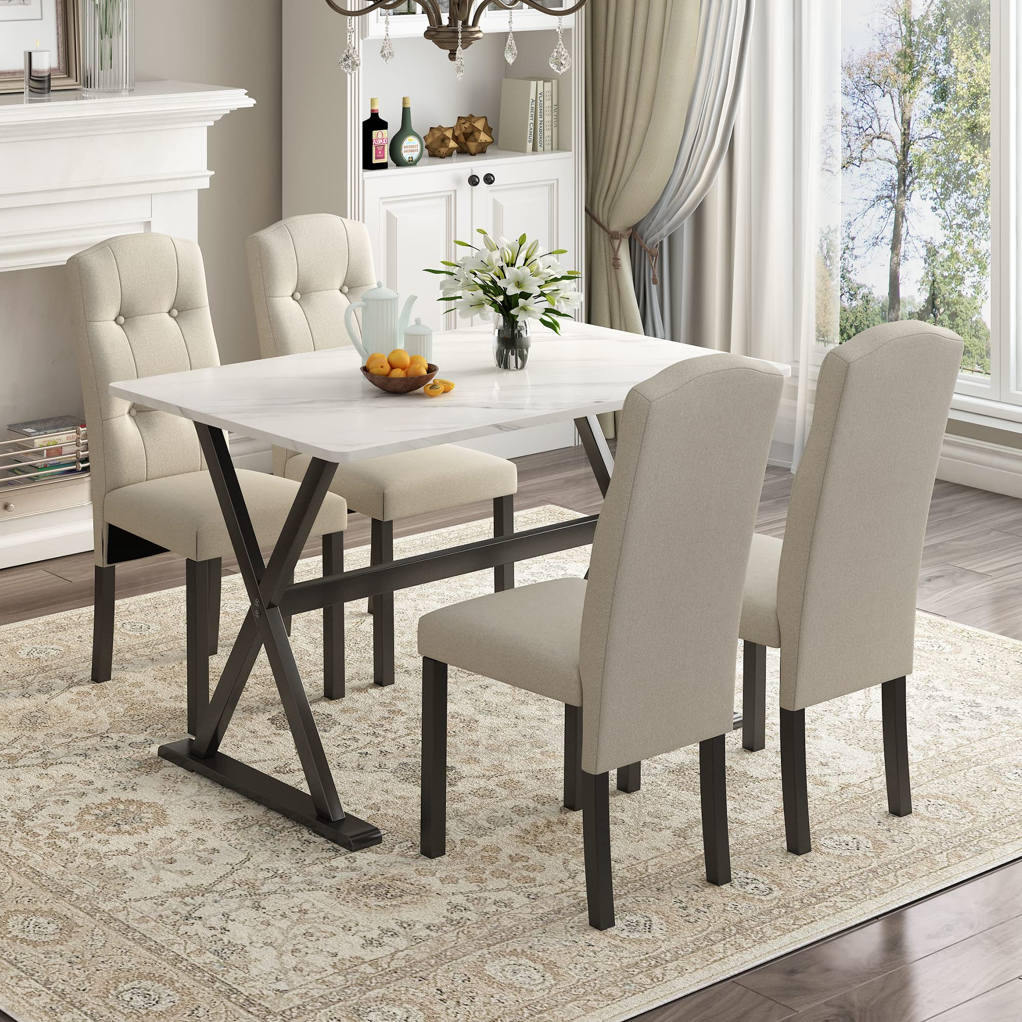 Morhome Dining, 5-Piece Wood Table Set with 4 Upholstered Chairs for Kitchen, Bar, Living Room, Breakfast Nook, Small Space, White+Beige
