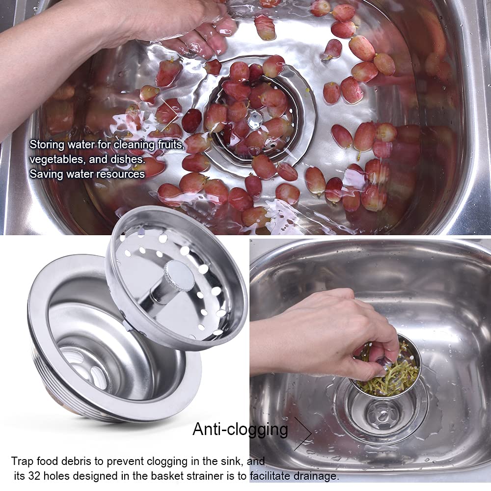VARNAHOME Kitchen Drop-In Post Basket Strainer Replacement for US Standard Drains (3-1/2"), Premium 304 Stainless Steel Body W/Rubber Stopper 1 Pack