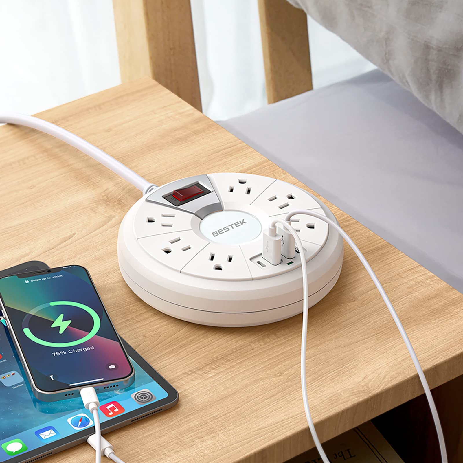 USB C Power Strip, BESTEK 6Ft Extension Cord with 6-Outlet 4 USB Ports(1 PD 20W USB C, 3 USB A), Surge Protector Power Strip with Overload Protection for Dorm, Home, Office, 220J
