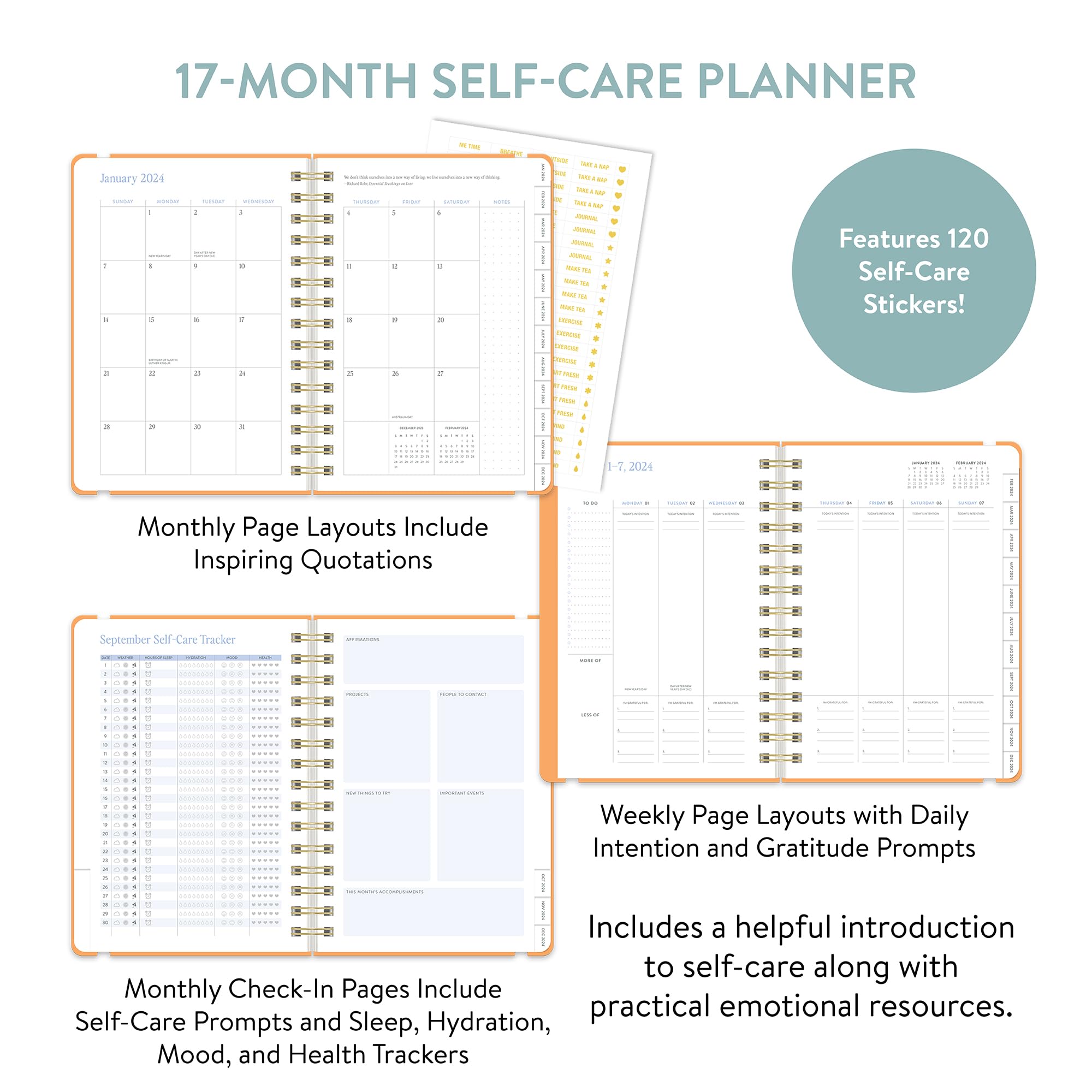Orange Circle Studio 2024 Self Care Planner, Gratitude Journal, Spiral Notebook with Wellness Tracker, 17-Month Wire-O Bound Calendar Book, Monthly and Weekly Spread Views, Floral Flow