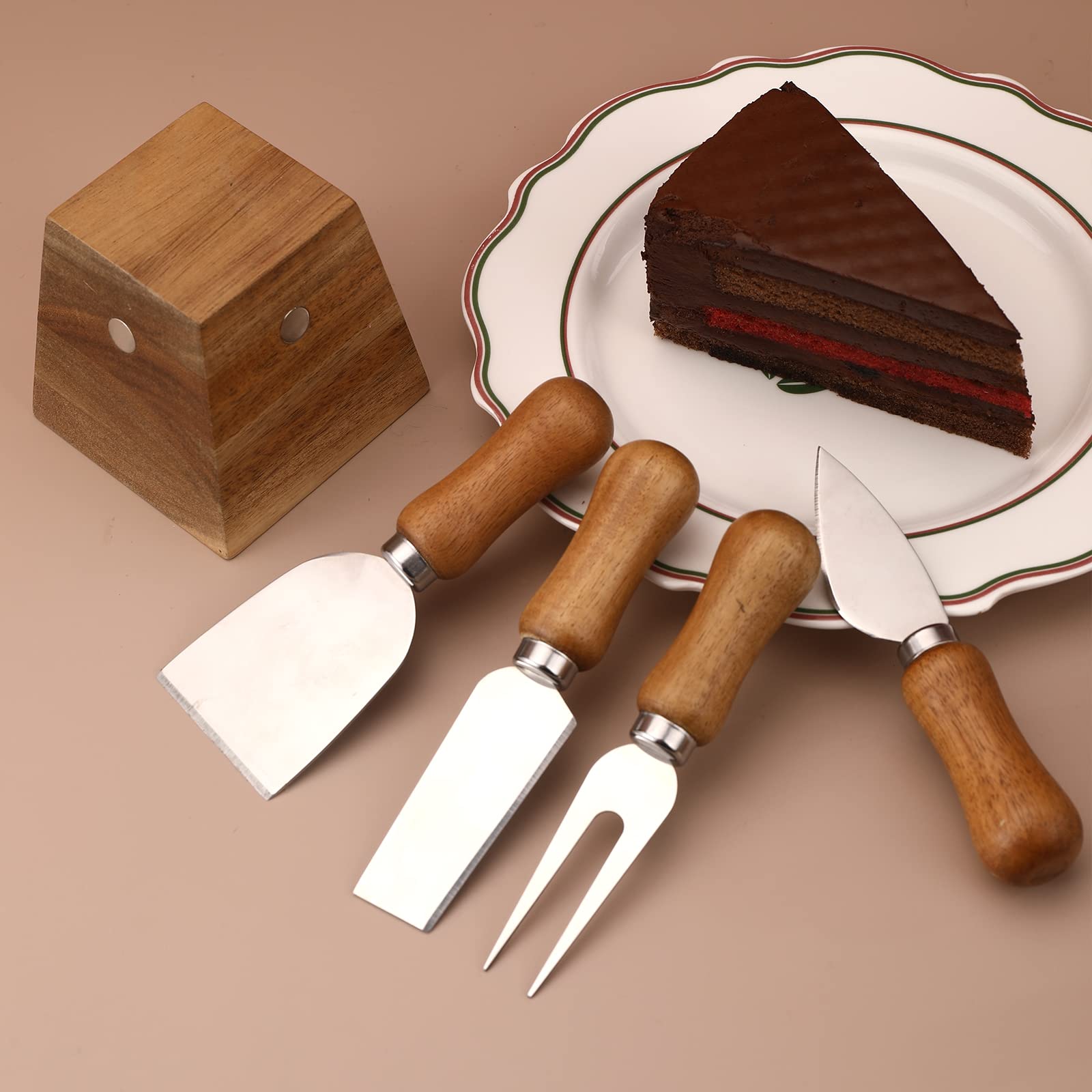 olelo 4 Pieces Cheese Knives Set Includes 4 Stainless Steel Cheese Slicer Cheese Cutter with Wooden Handle & 1 Wooden Magnetic Block Standā¦