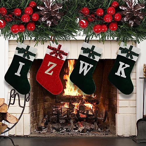 OJCHRLKF 20 Inches Initial Monogram Embroidered Christmas Stocking red Green Velvet with White Knitted Cuffs Christmas Decorations stocking-52-J-Red