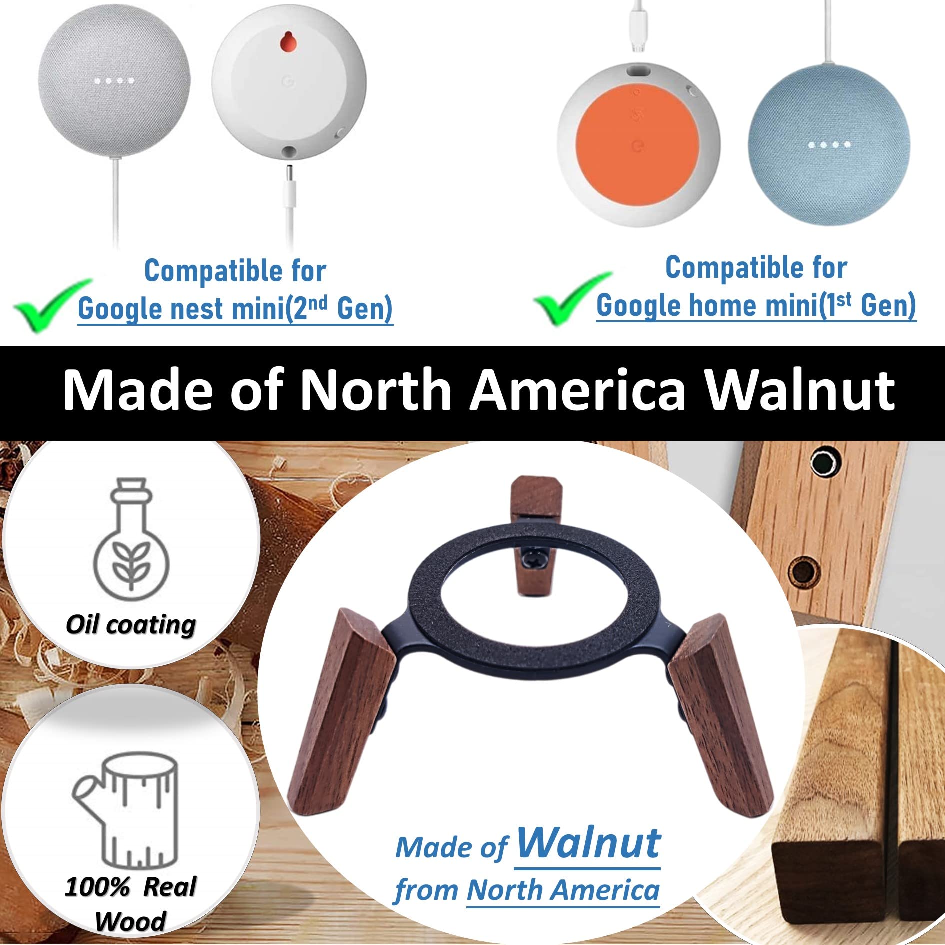Real Wood Holder Compatible for Google Home Mini,nest Mini(2nd gen),Small Secure Tripod Accessories for Speaker Better Sound,Sturdy Durable Stable Wooden Stand for Home Mini Smart Speaker(Walnut)