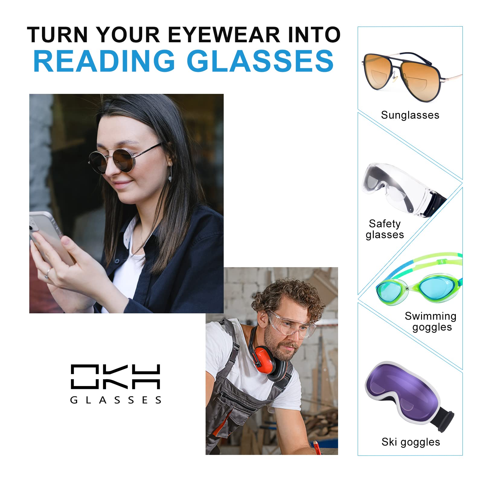 OKH 1 Pack Stick-on Bifocal Lenses, Convert Sunglasses, Goggles, or Glasses into Magnified Readers, Reusable, No Water Needed(+3.0)