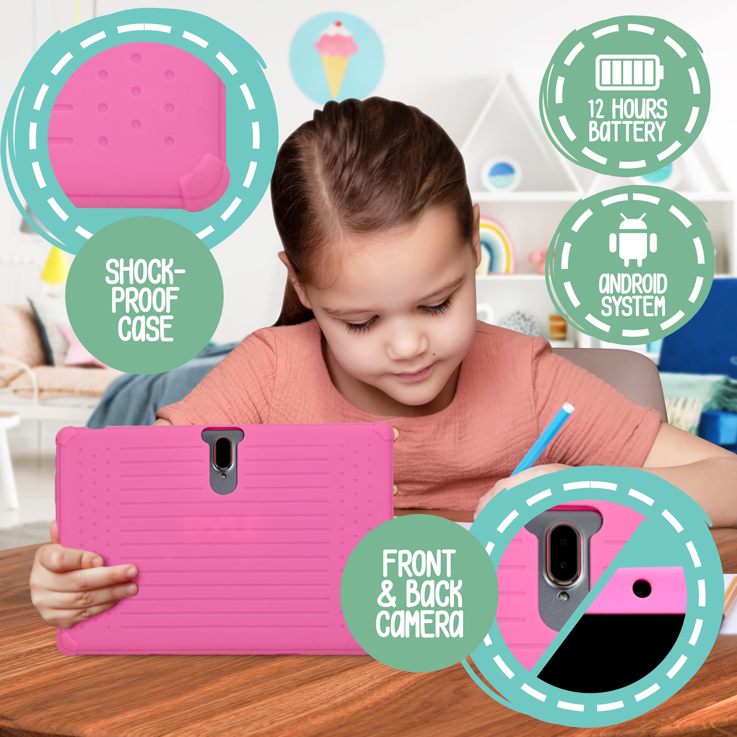 Pyle 10.1-Inch Android Tablet w/ 1080p HD Display, Dual Camera, WiFi Compatibility, Quad-Core Processor,10.1β Kids Tablet w/Stylus Pen 1GB RAM, 8GB Storage, Kid-Proof Cover (Pink)