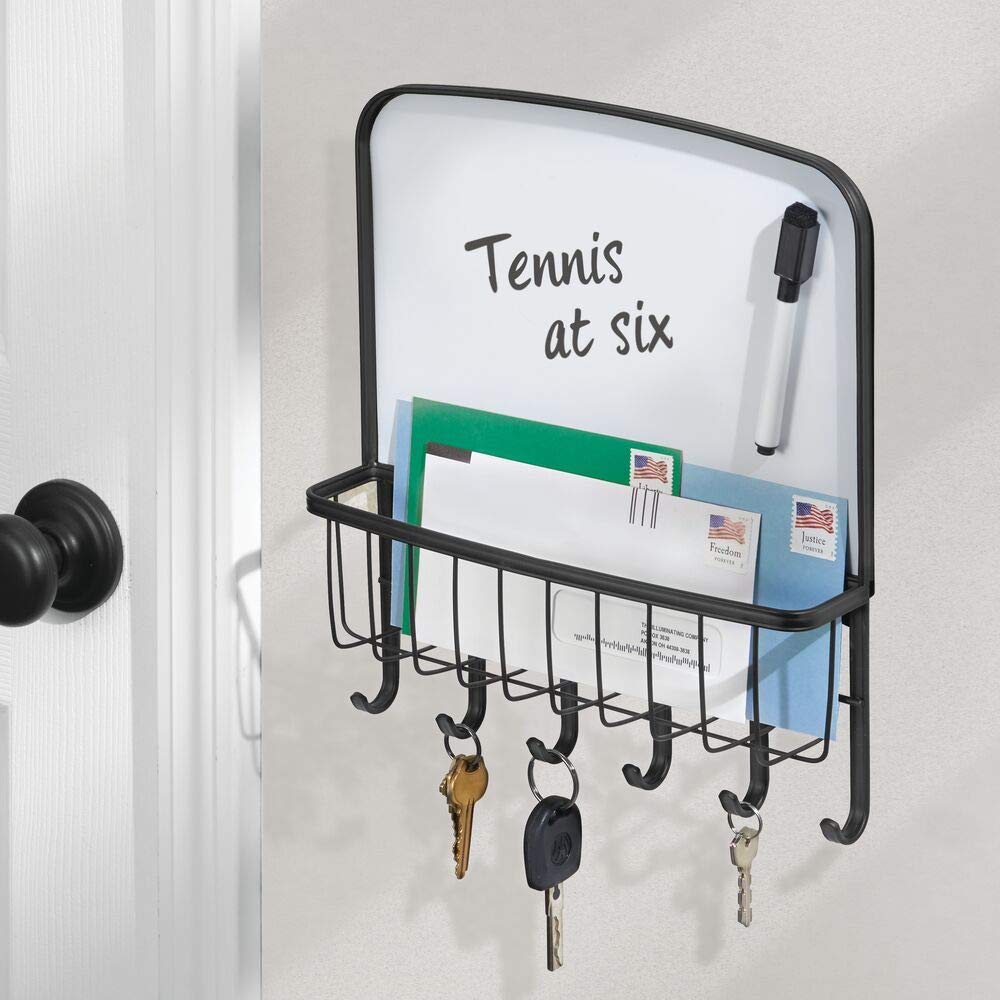 mDesign Metal Wall Mount Entryway Storage Organizer Mail Basket with Dry Erase Board, 6 Hooks - Holder for Letters, Magazines, Keys, Coats, Leashes - Strong Steel Wire Design - Matte Black