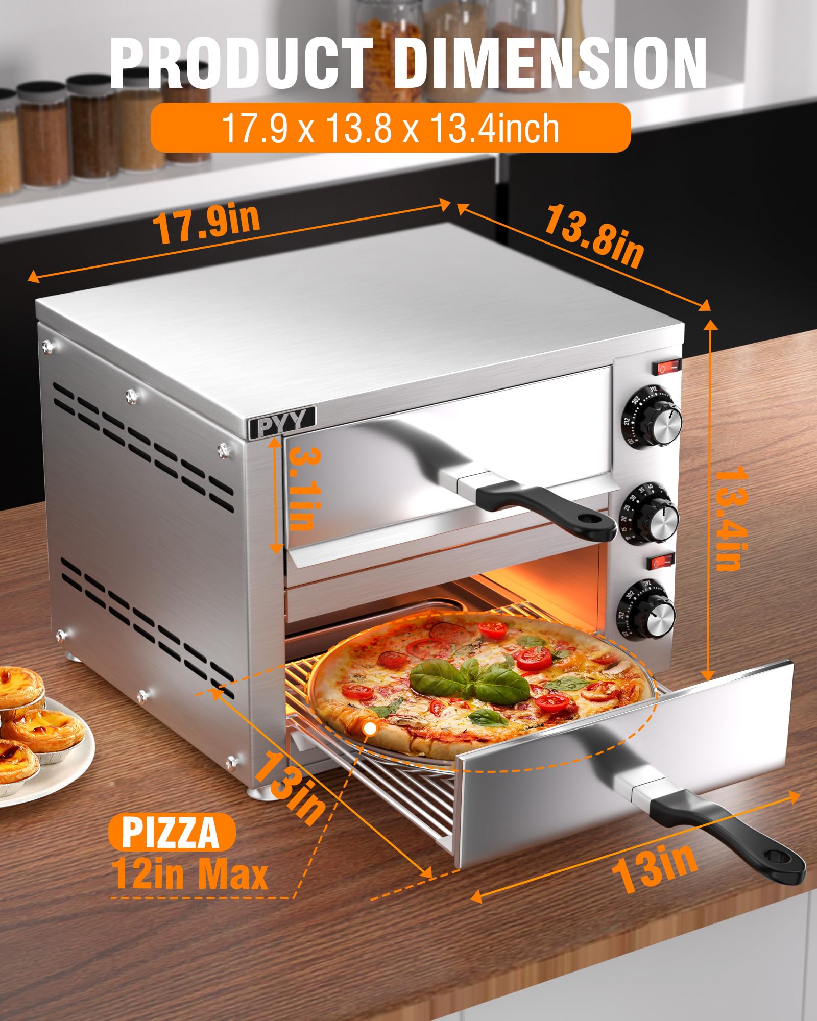 PYY Countertop Pizza Oven Electric Indoor Pizza Oven Commercial Stainless Steel 2-Layers Pizza Cooker with Timer for Home Restaurant Silver