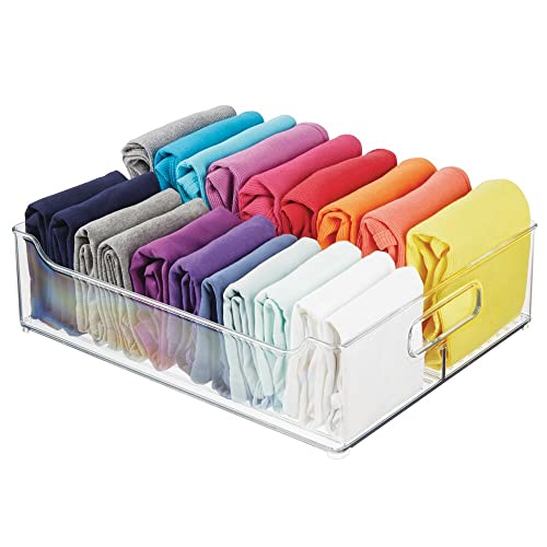 mDesign Plastic Closet Storage Bin with Handles - Divided Organizer for Shirts, Scarves, - BPA Free, 14.5" Long, 4 Pack - Clear