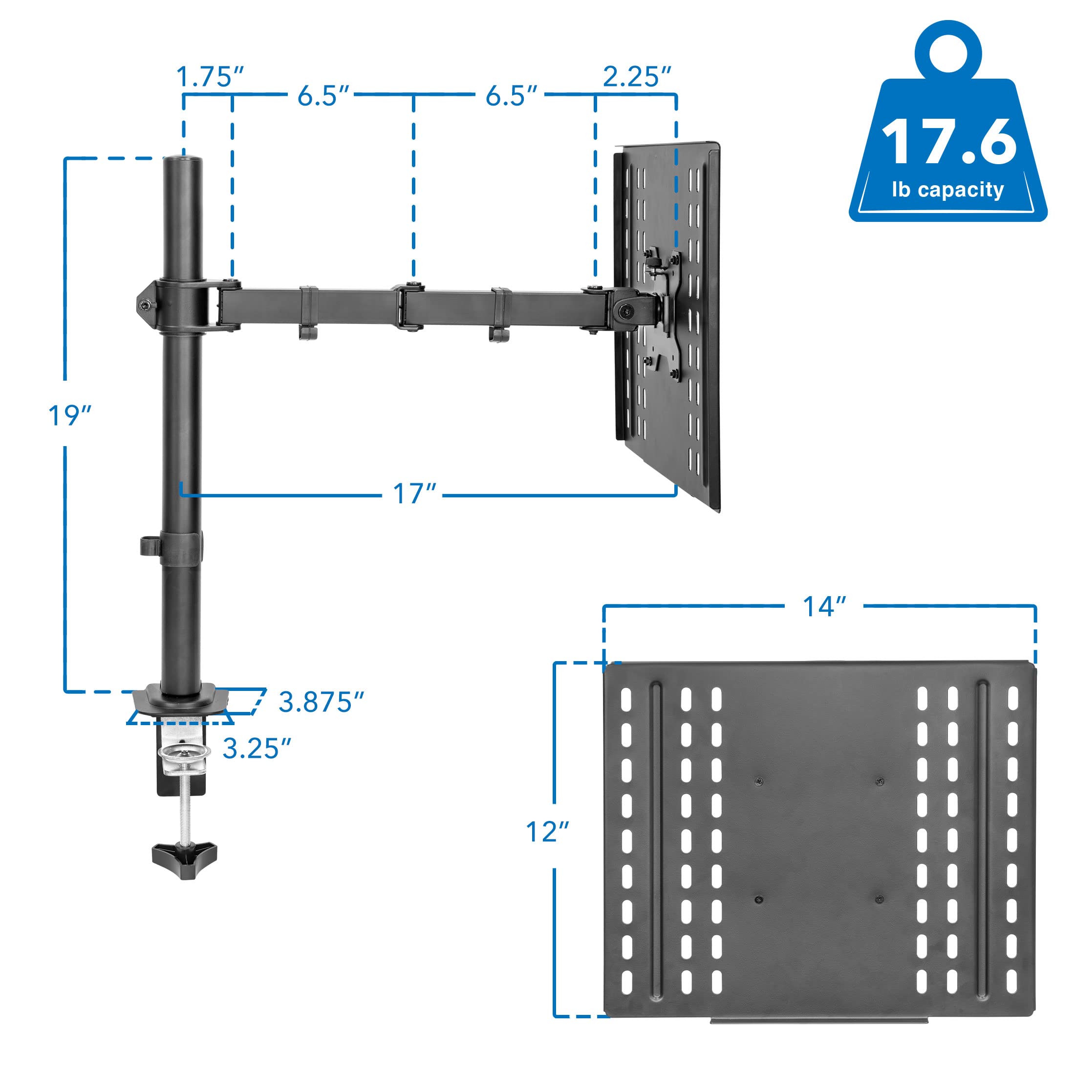 Mount-It! Laptop Desk Mount, Fully Adjustable Ergonomic Laptop Arm with Vented Tray, Cable Management, Clamp and Grommet Base, Fits Laptops up to 17 Inches, Black