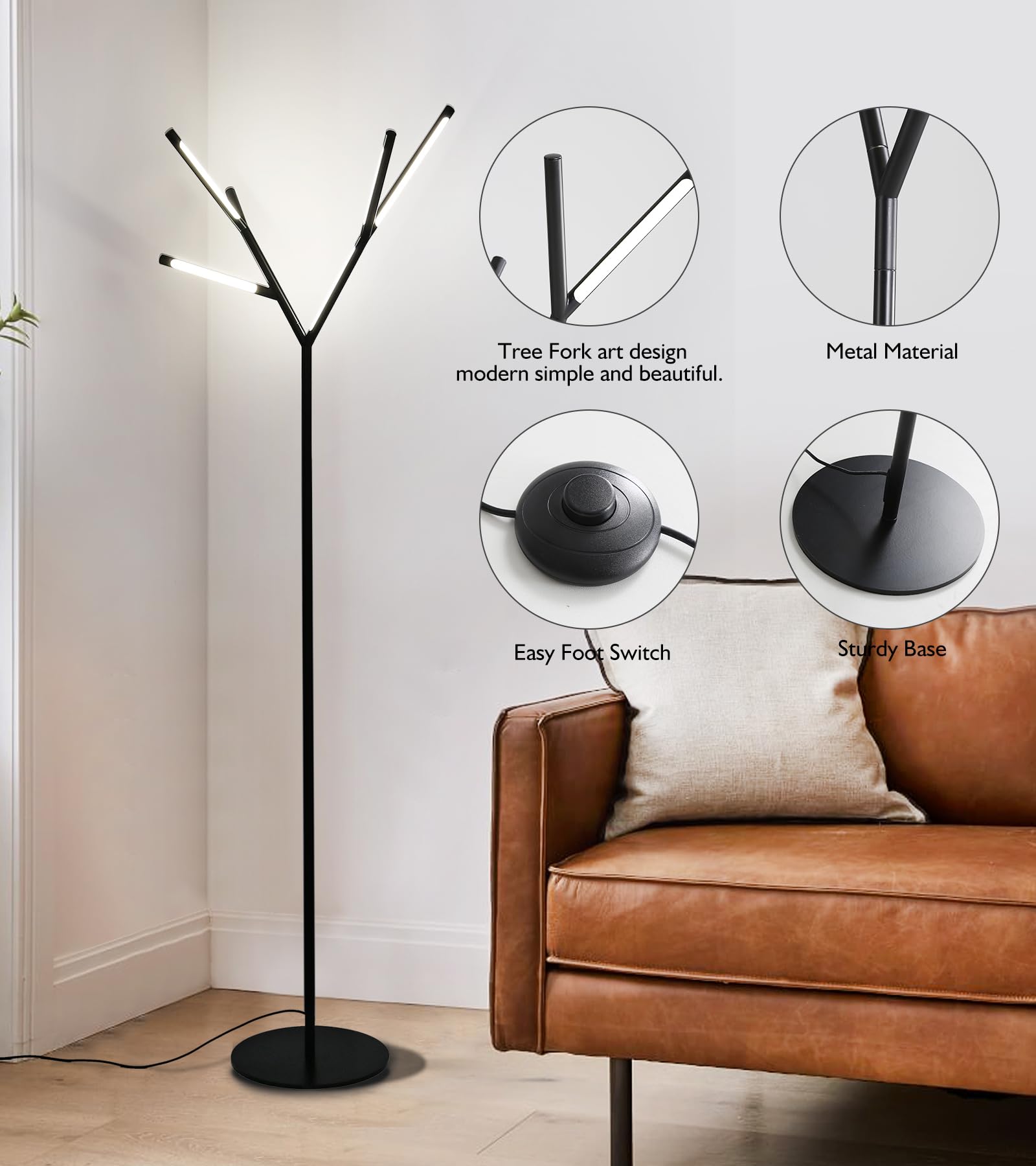 Q&S Led Floor Lamp,Black Modern Industrial Contemporary Corner Floor Lamp Tall Tree Bright Reading Standing Lighting for Bedroom Living Room Office