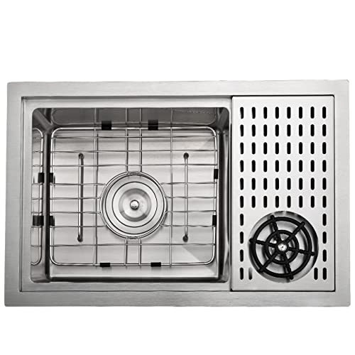 Undermount Bar Sink With Glass Rinser, Stainless Steel 23 Inches Small Pre Kitchen Bar Sink With Bottom Grid SM015S