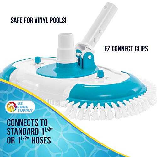 U.S. Pool Supply 16" Weighted Pool Vacuum Head with Nylon Side Bristles, Swivel Hose Connection, EZ Clip Handle - Connect 1-1/4", 1-1/2" Hose - Scrub Clean, Remove Debris - Safe for Vinyl Lined Pools