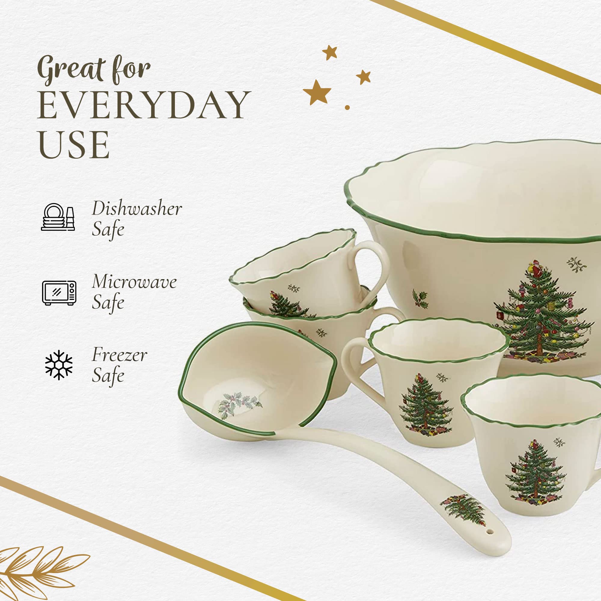 Spode Christmas Tree 10 Piece Punch Bowl Set- Made of Fine Porcelain Includes - 1 Punch Bowl - 1 Ladle - 8 Punch Cups - Punch Bowl is 11 Inch - Punch Cups are 8 oz.